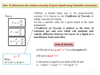To determine the relative viscosity of given liquid using Ostwald’s viscometer | PPTX