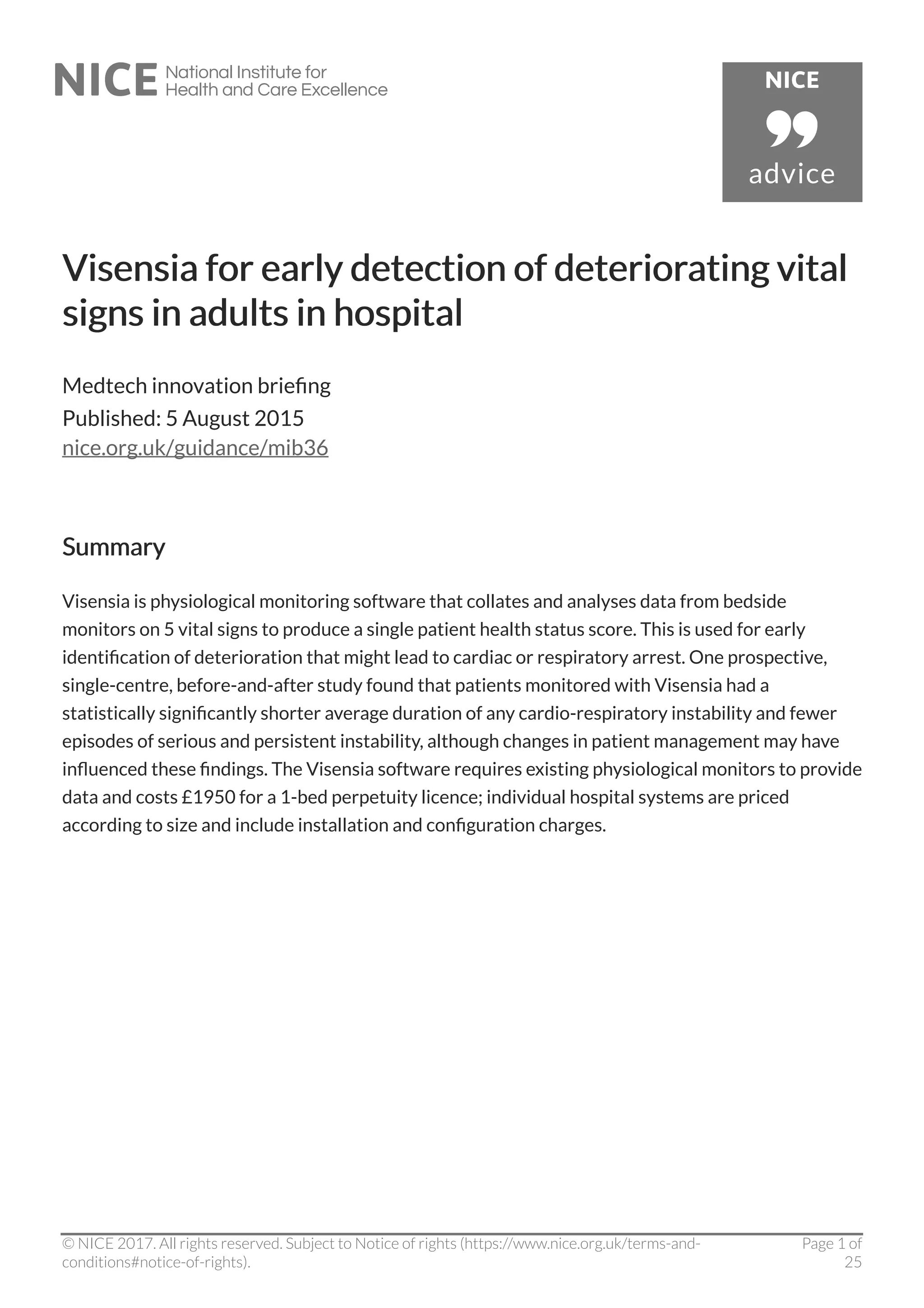 Visensia for early detection of deteriorating vital signs in adults in ...