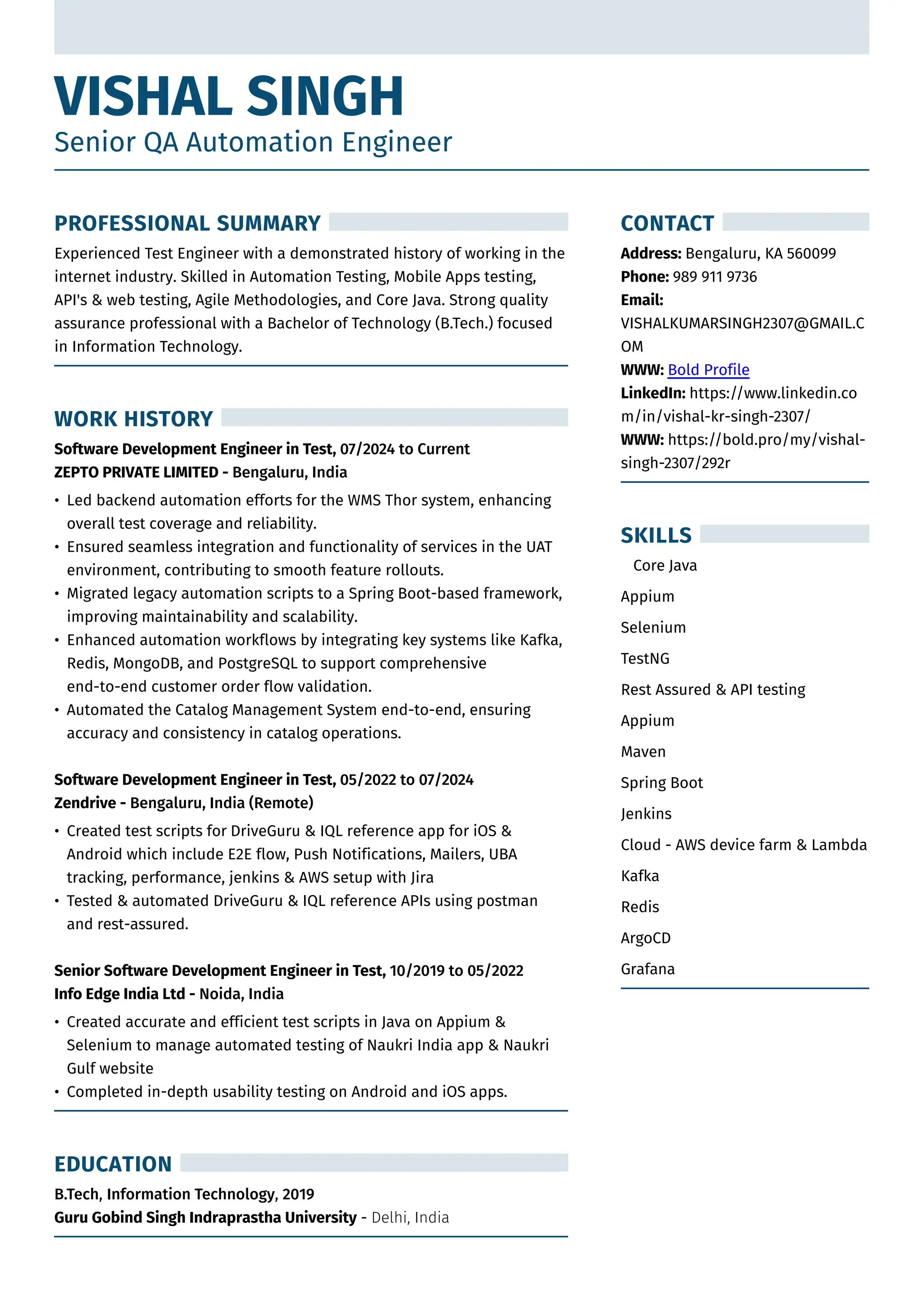 VISHAL KUMAR SINGH Latest Resume with updated details | PDF