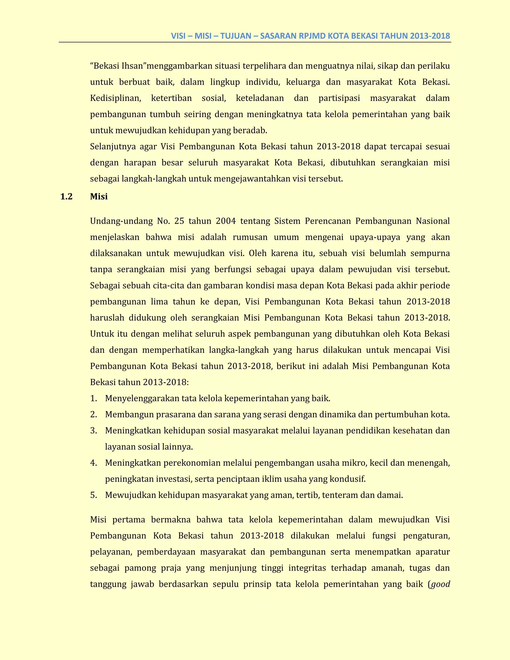 Rencana Pembangunan Jangka Menengah Daerah (RPJMD) Kota Bekasi 2013 ...