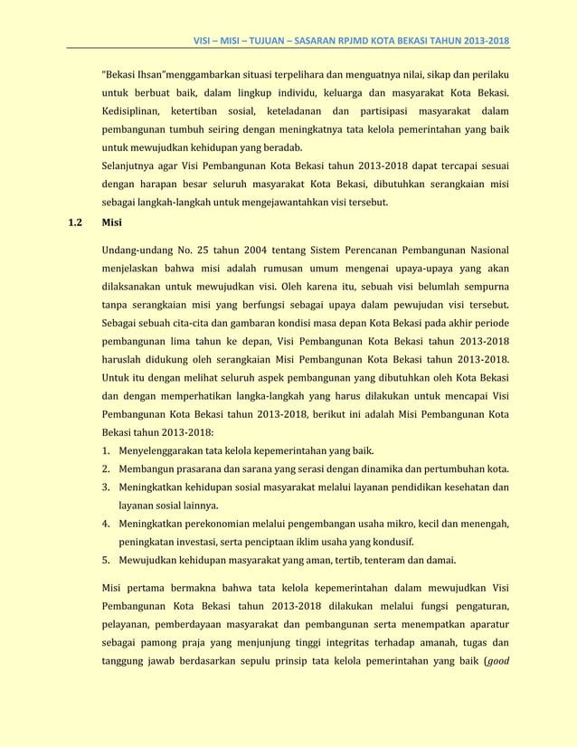 Rencana Pembangunan Jangka Menengah Daerah (RPJMD) Kota Bekasi 2013 ...