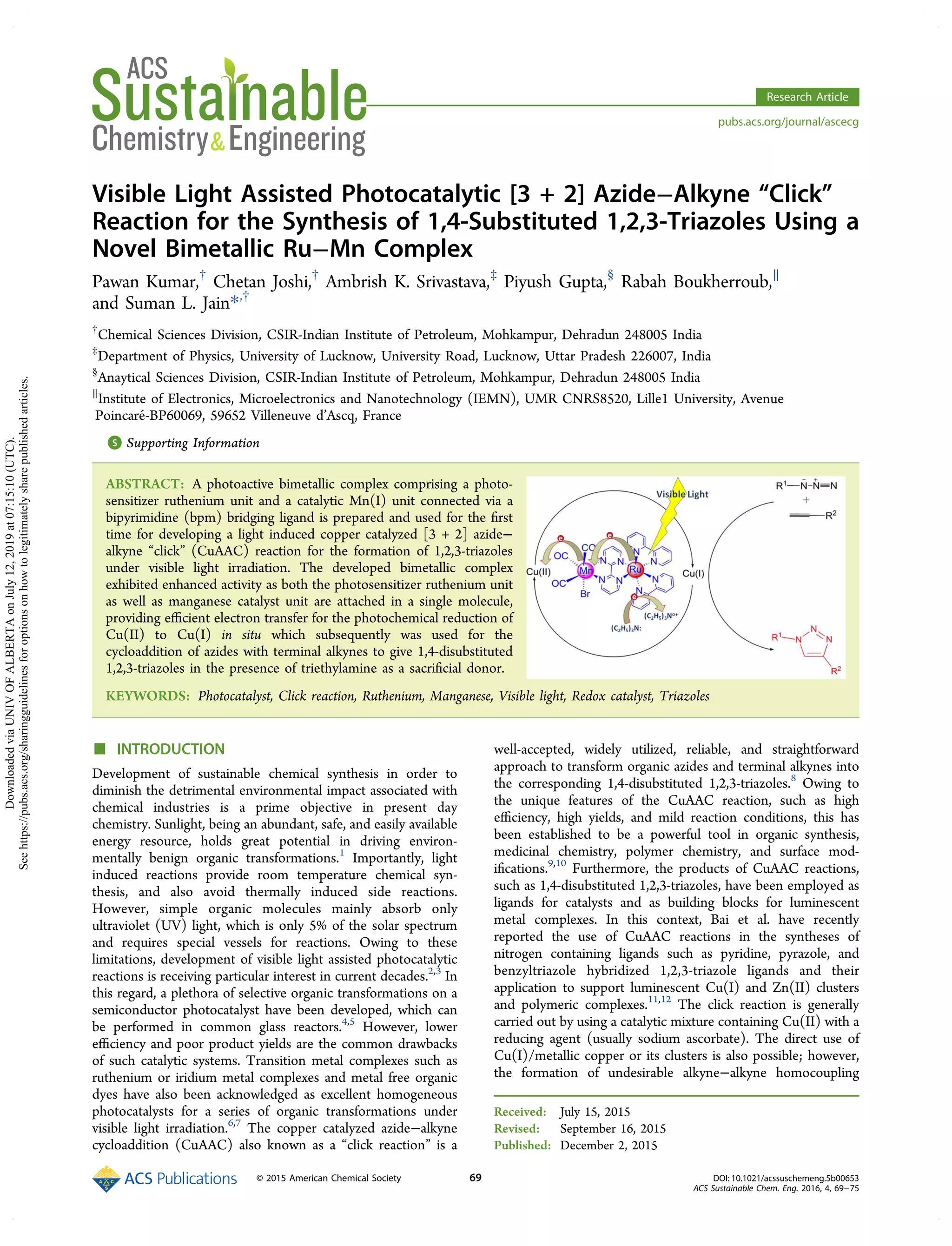 Visible Light Assisted Photocatalytic [3 + 2] Azide−Alkyne “Click ...