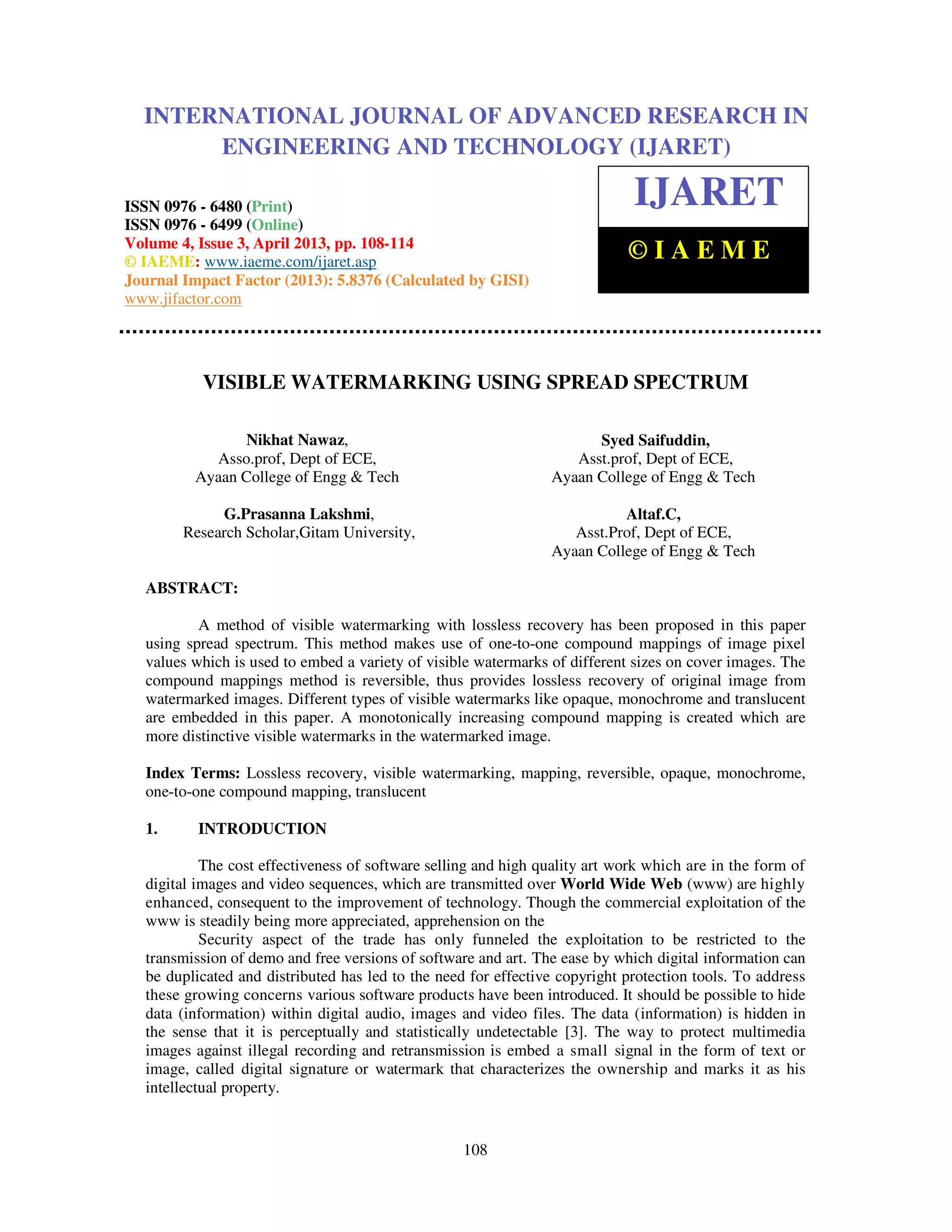 Visible watermarking using spread spectrum | PDF