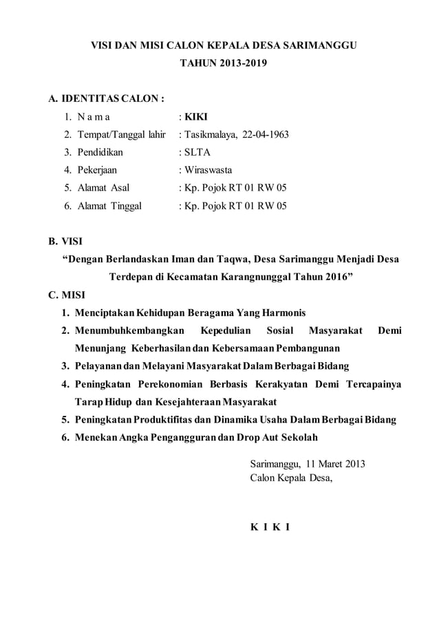 Contoh Visi, misi calon Kepala Desa | DOCX