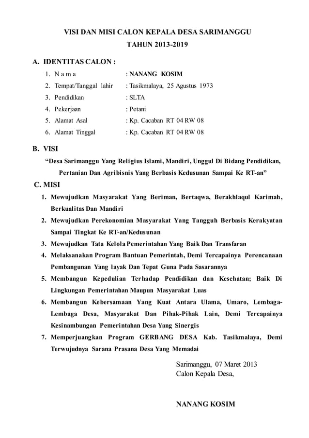 Contoh Visi, misi calon Kepala Desa | DOCX