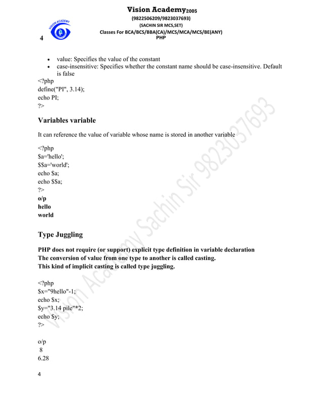 Vision academy classes bcs_bca_bba_sybba_php | PDF