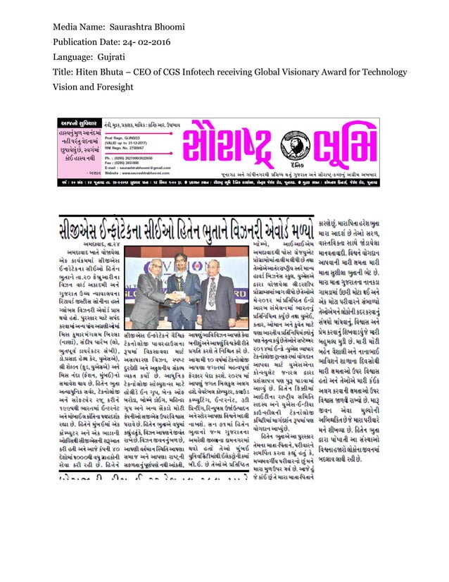 CEO of CGS Infotech receiving Global Visionary Award for Technology ...