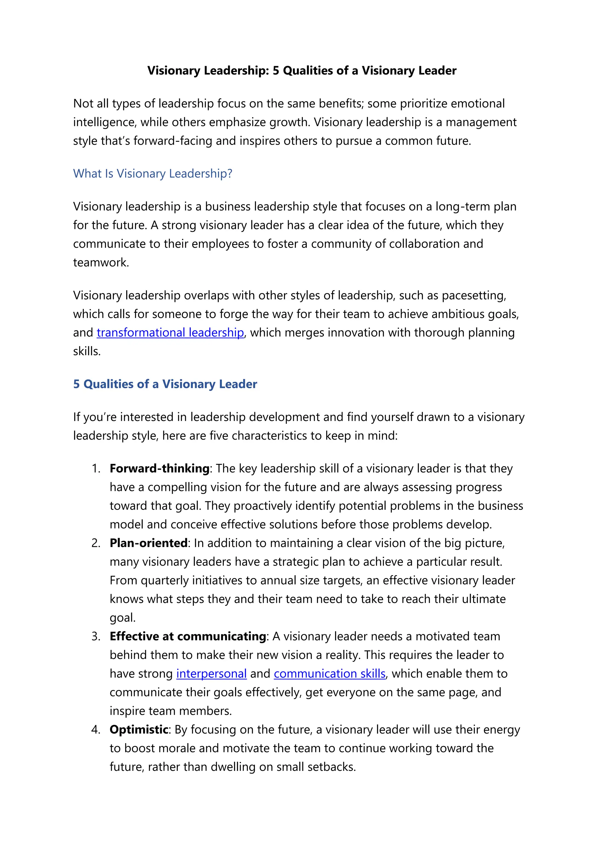 Visionary Leadership and its characteristics | DOCX