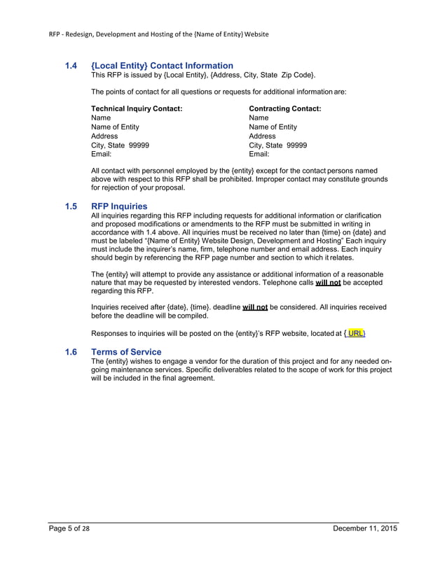 Example RFP Template for Website Design-Development-Hosting for Local ...