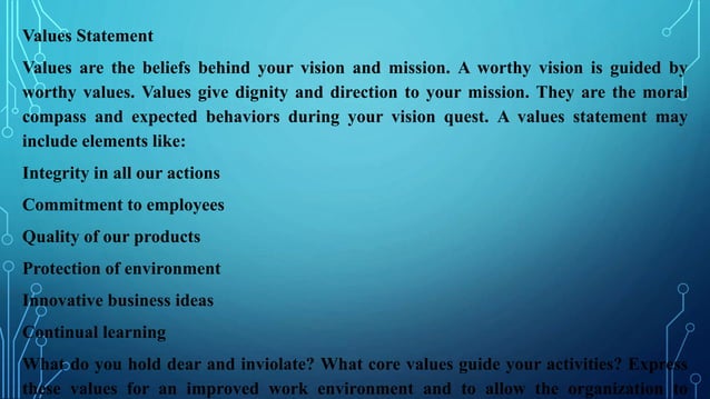 Vision, Mission, Values, Goals, and Objectives | PPTX | Business ...