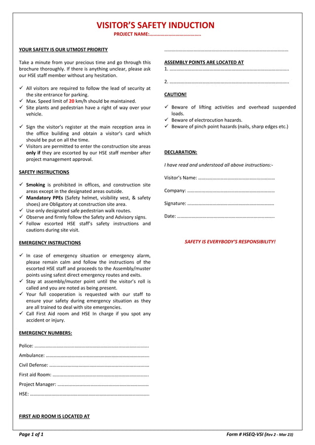 VISITOR SAFETY INDUCTION Form # HSEQ - VSI Rev 2 - S.docx | First Aid ...