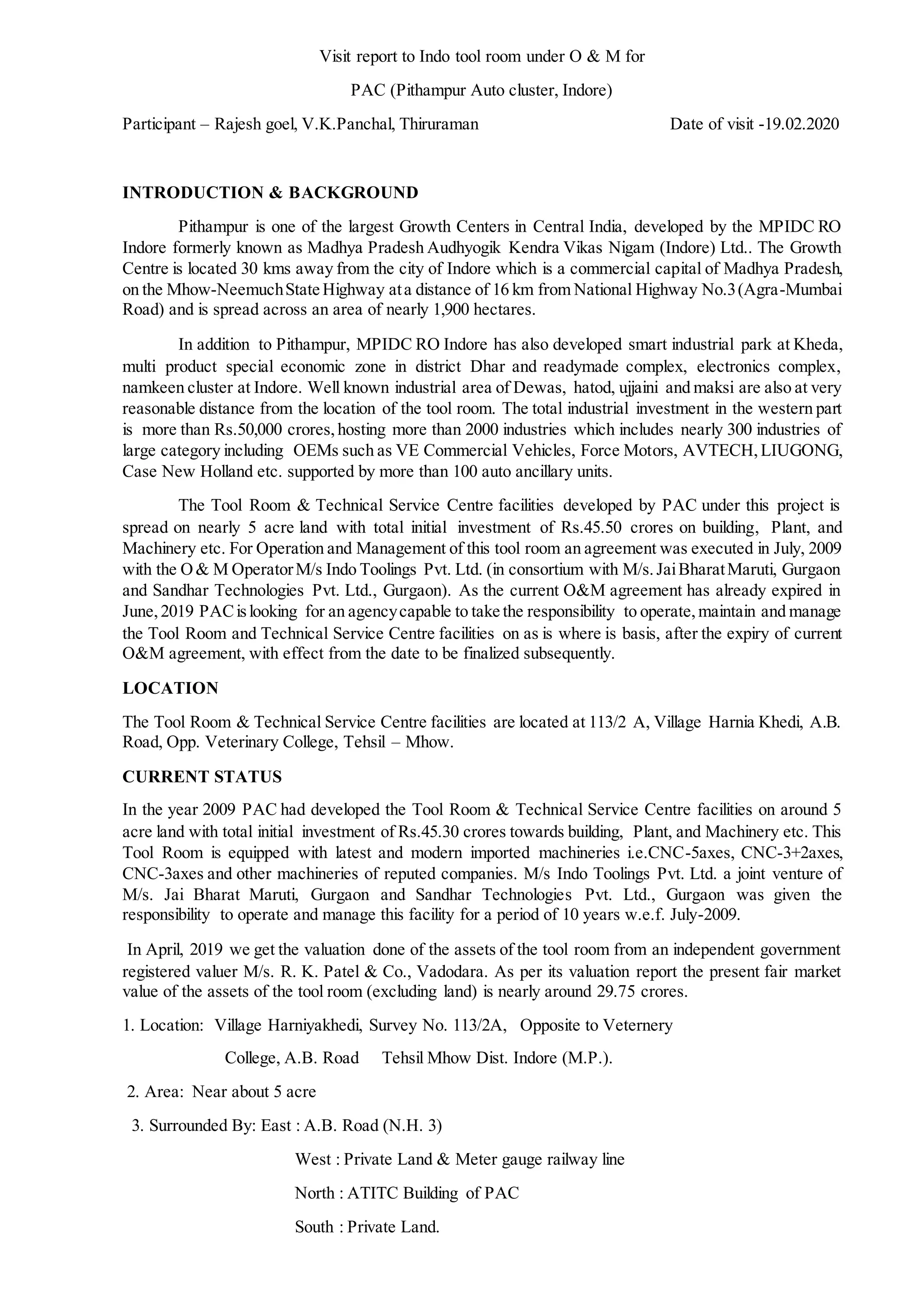 Visit report to indo tool room indore | DOCX