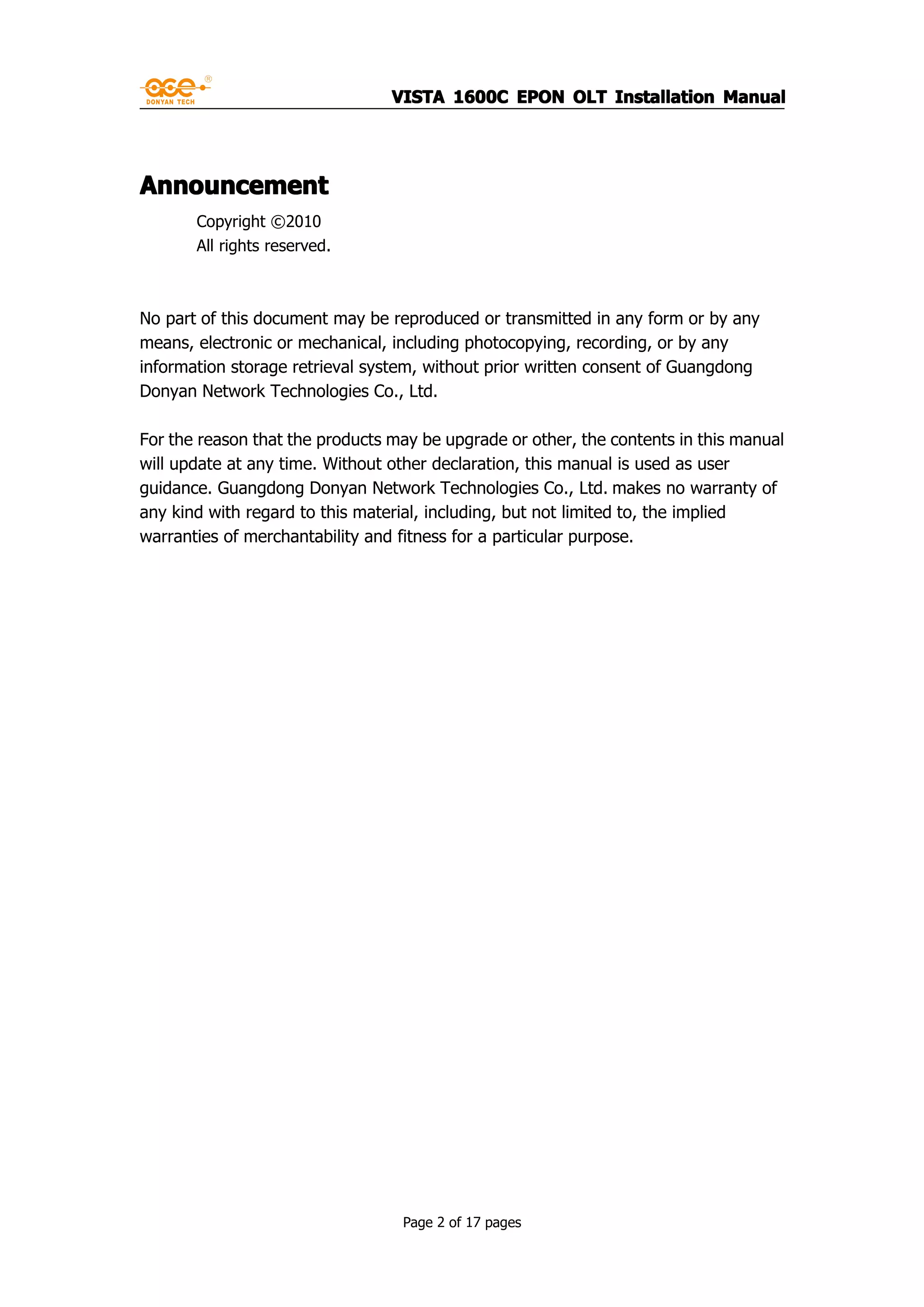 Vista 1600 c epon olt installation manual(v1.3.1) | PDF