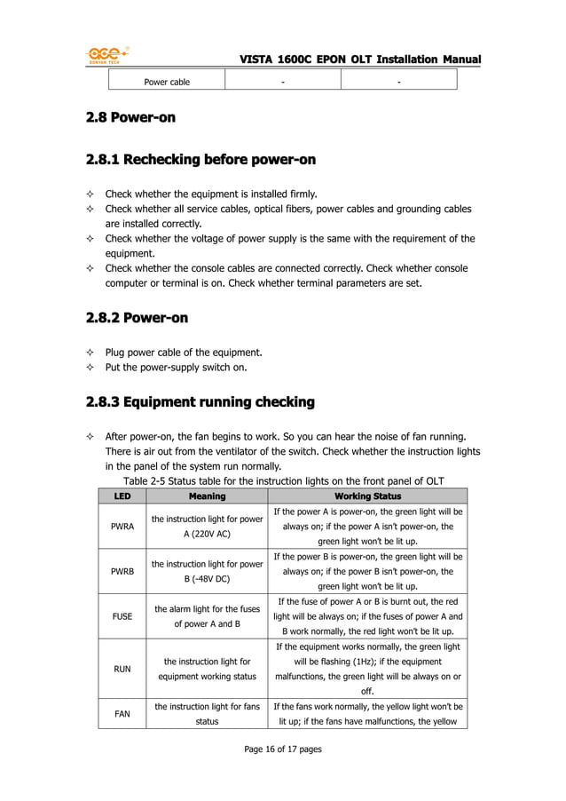 Vista 1600 c epon olt installation manual(v1.3.1) | PDF