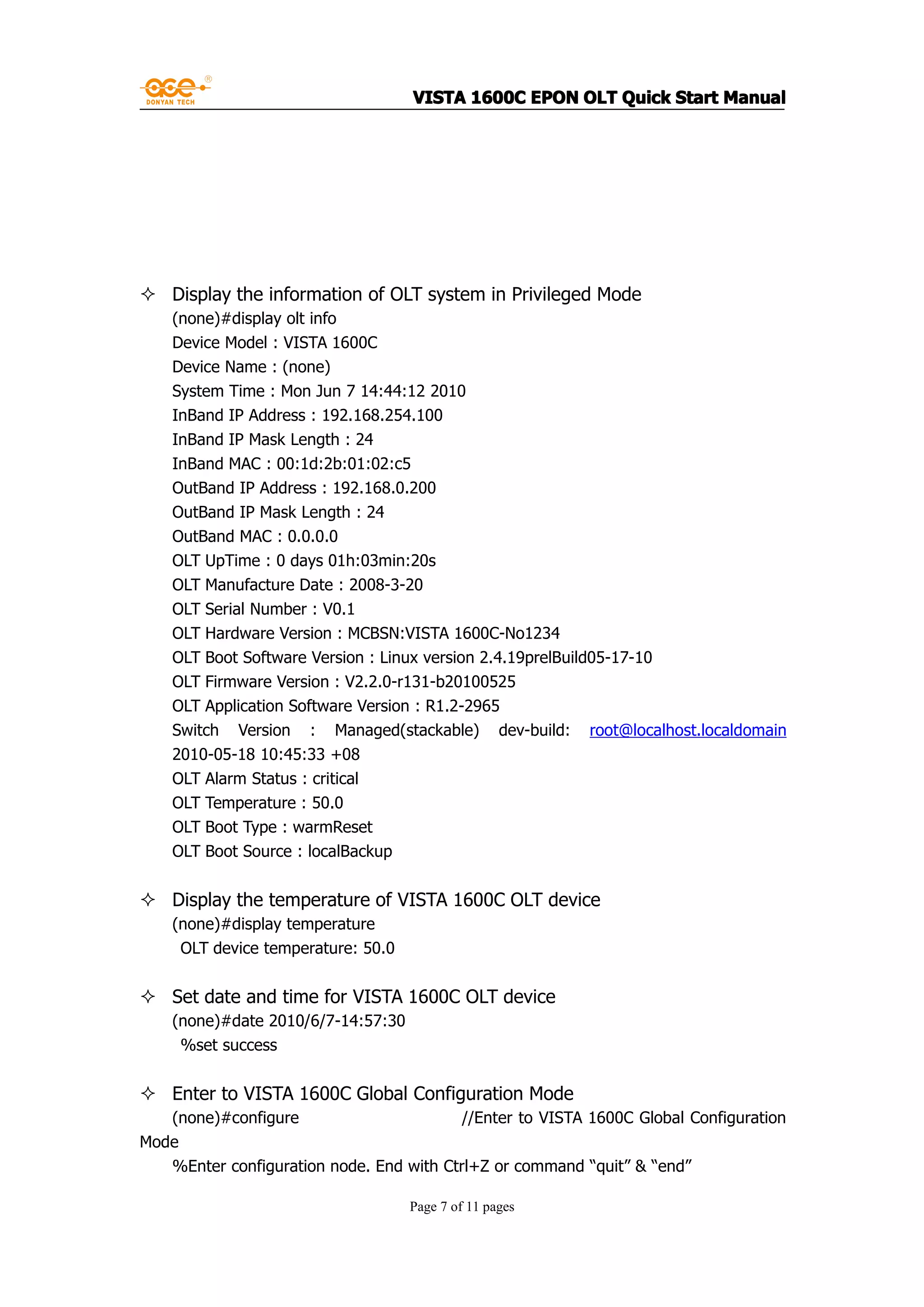Vista 1600 c epon olt quick start manual(r1.2) | PDF