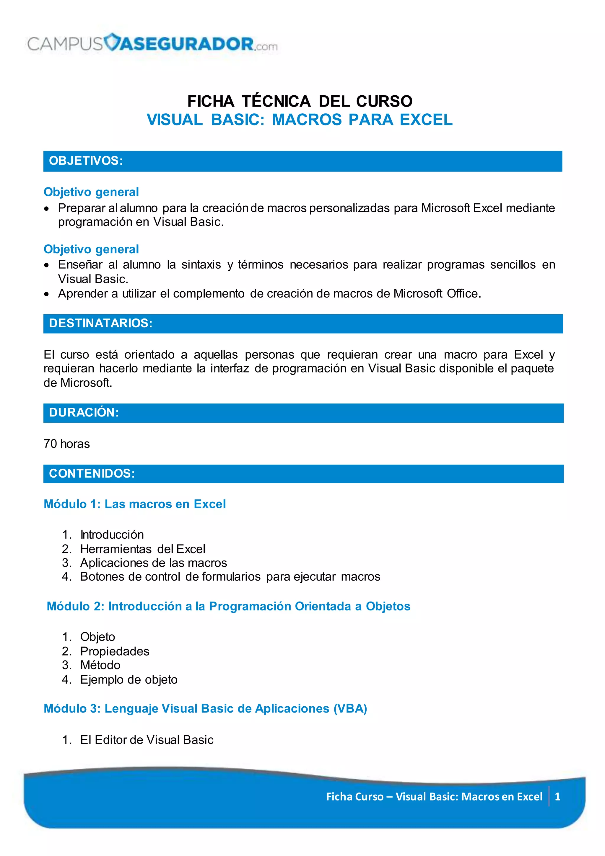 Ficha Curso De Visual Basic Macros Para Excel Pdf Descarga Gratuita