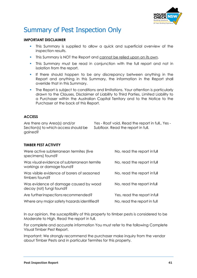 Visual Building Inspection Report - House Check NSW