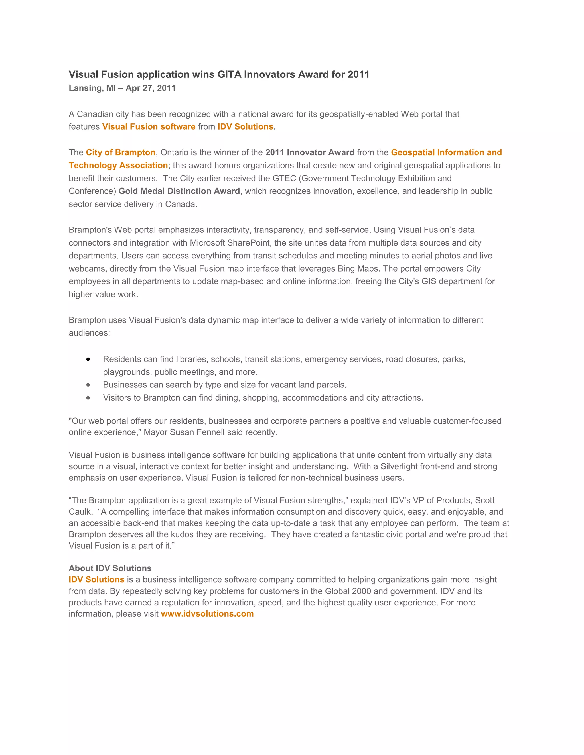 Visual Fusion application wins GITA Innovators award for 2011 | PDF