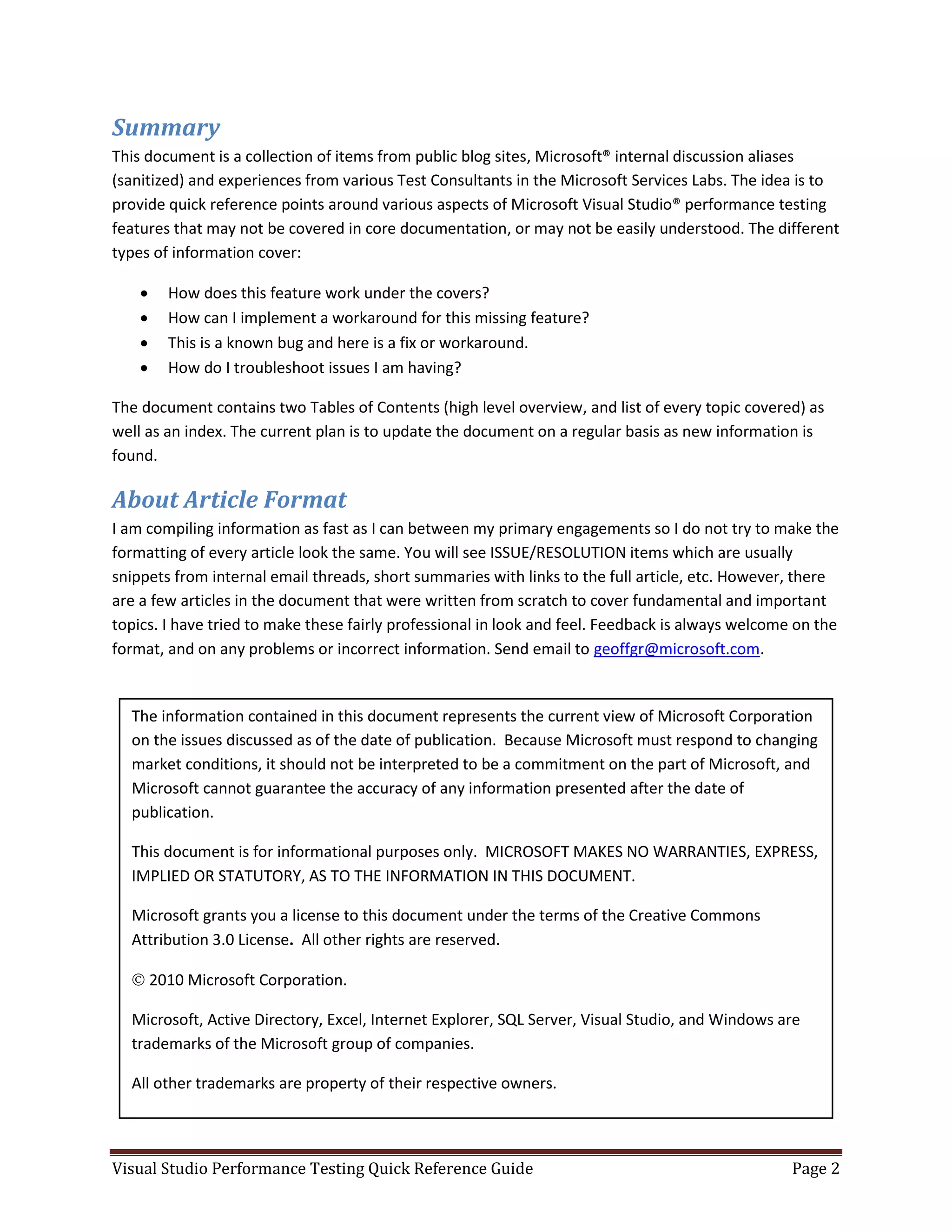 Visual studio performance testing quick reference guide 3 6 | PDF