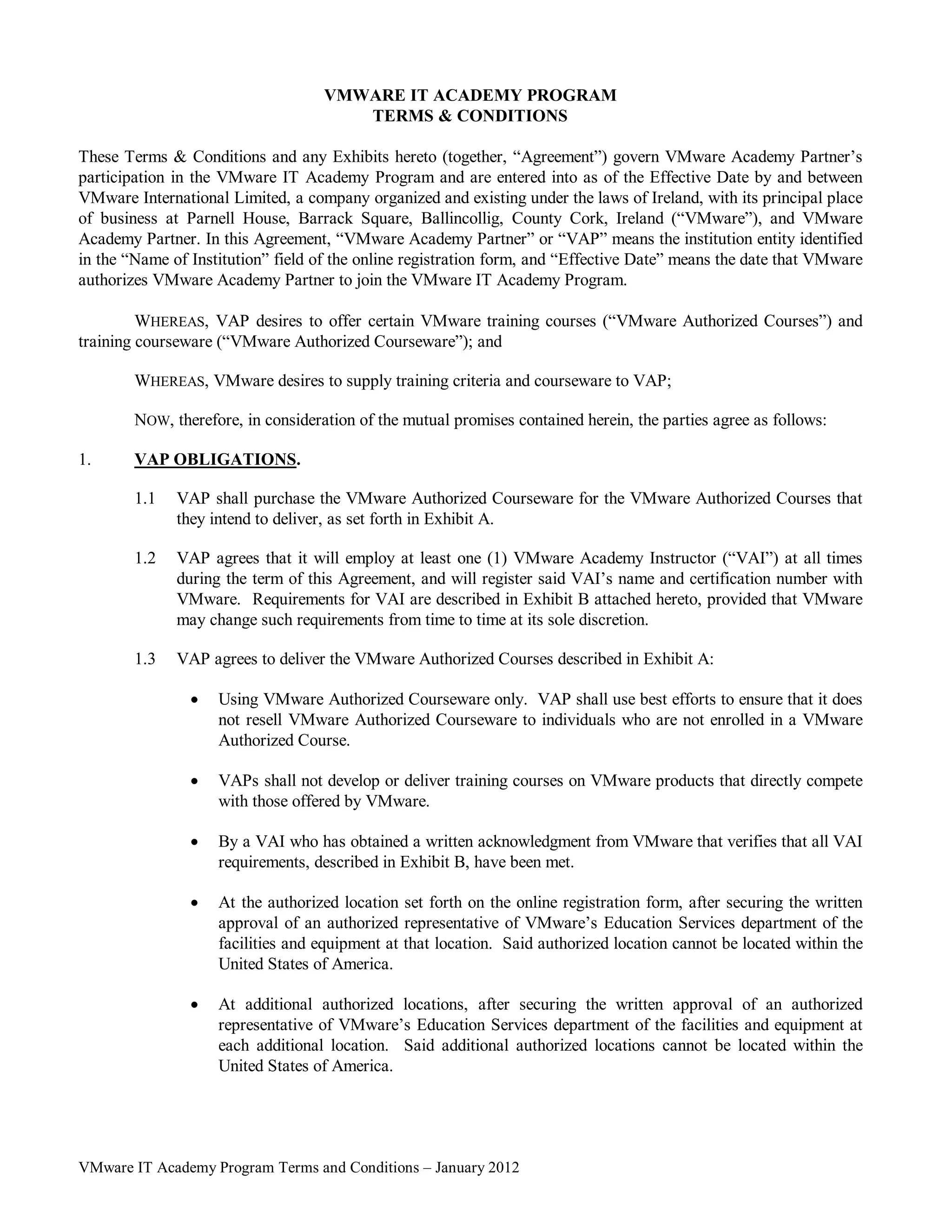 VMware IT Academy Agreement | PDF