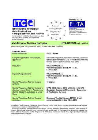 VITALTHERM - SISTEMA DI RIVESTIMENTO TERMICO A CAPPOTTO (CERTIFIC. ITC ...