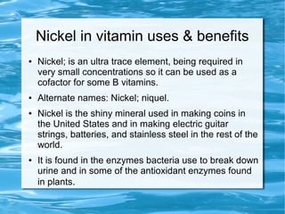 Vitamin uses for: Choline, B8,Inositol, Molybdenum,Iodine, Copper ...