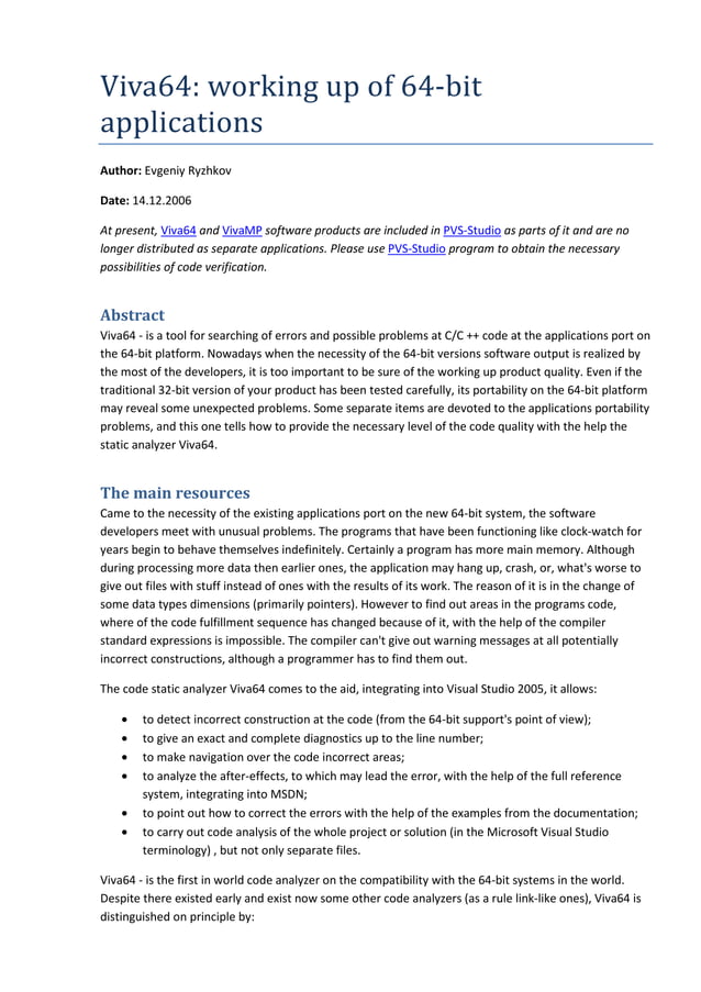 Viva64: working up of 64-bit applications | PDF