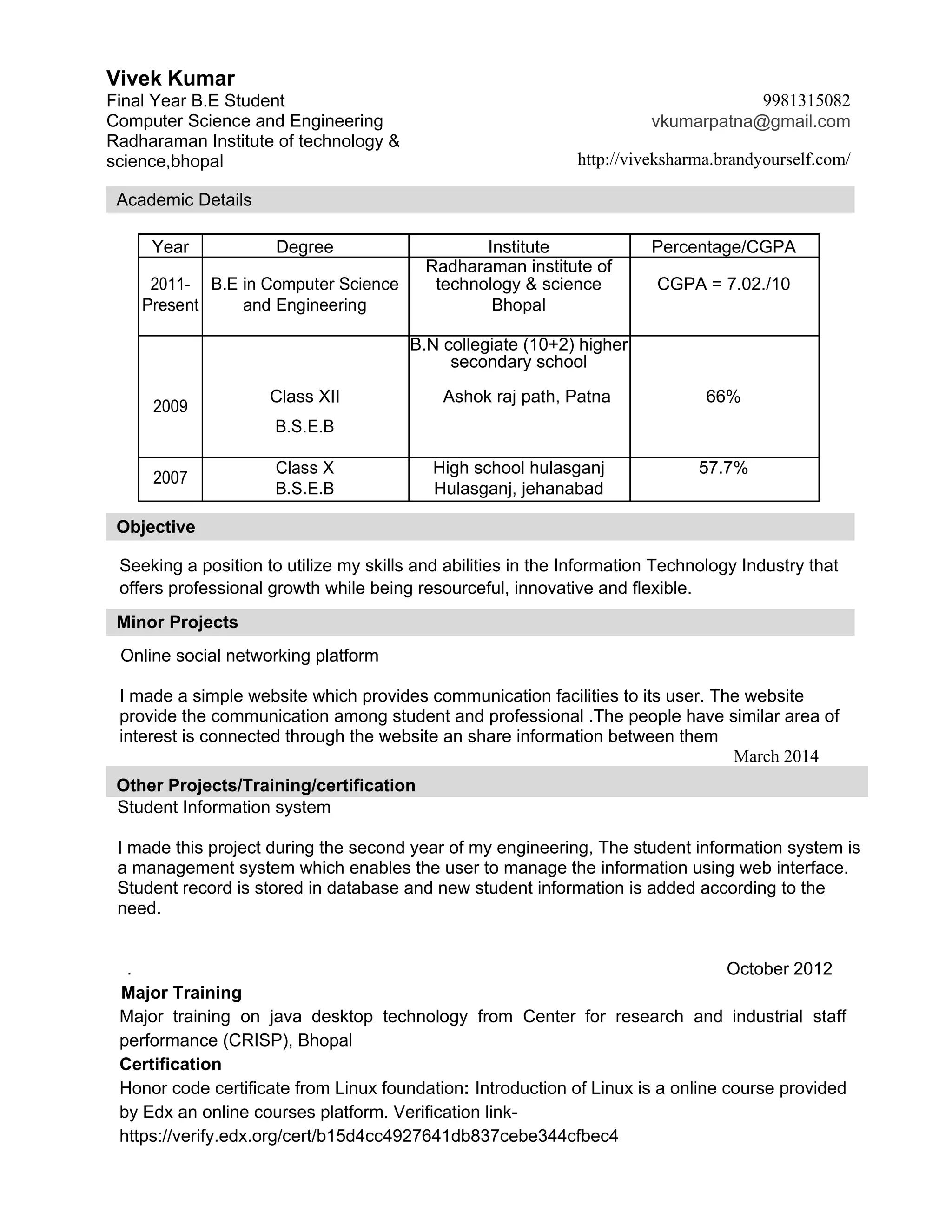 Vivek kumar resume | PDF