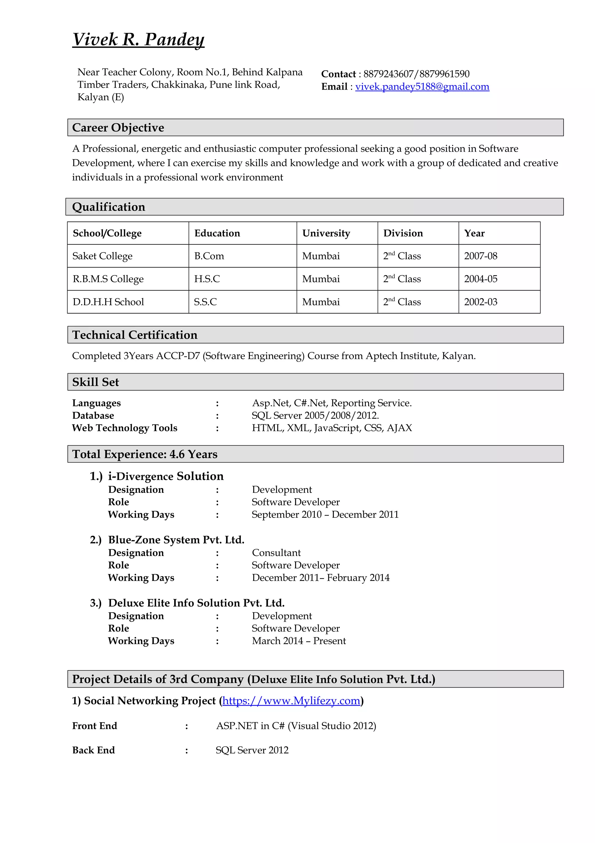 Vivek resume | PDF | Free Download
