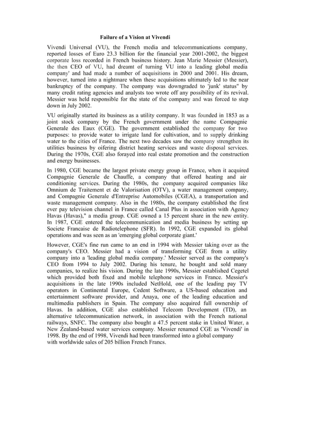 Vivendi failure of vision- cs | DOC | Mergers and Acquisitions ...
