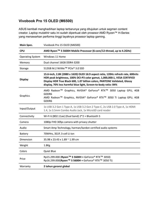 Vivobook Pro 15 OLED (M6500) | PDF