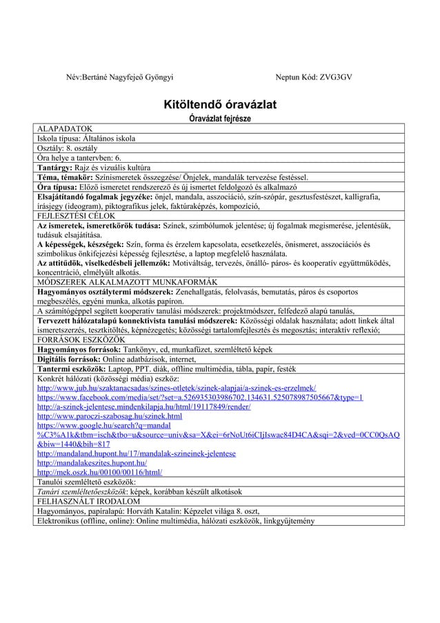 Vizuális kultúra 8.oszt. óravázlat | DOC