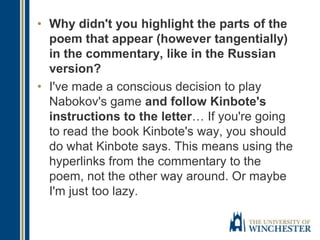 Vladimir Nabokov's Pale Fire and the Problem of Interface | PPTX