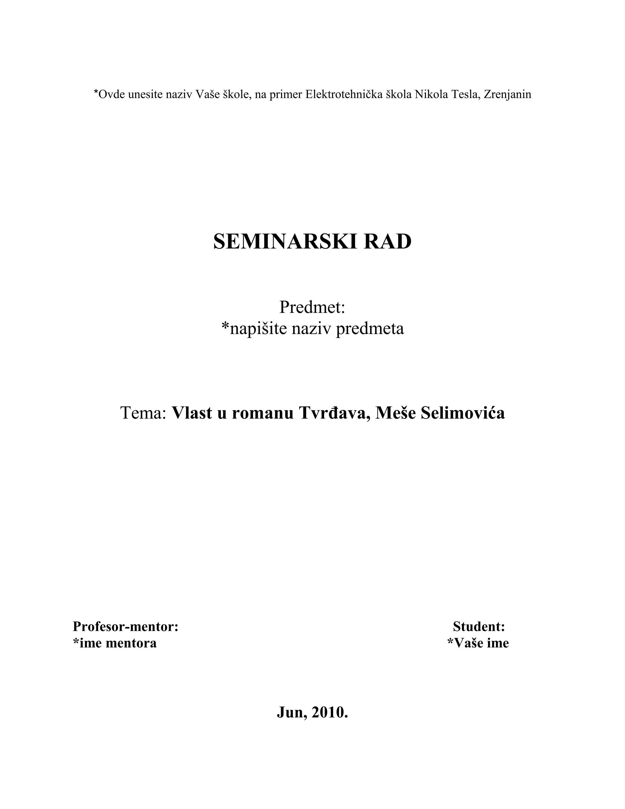 Vlast u romanu tvrdjava, mese selimovica | DOC