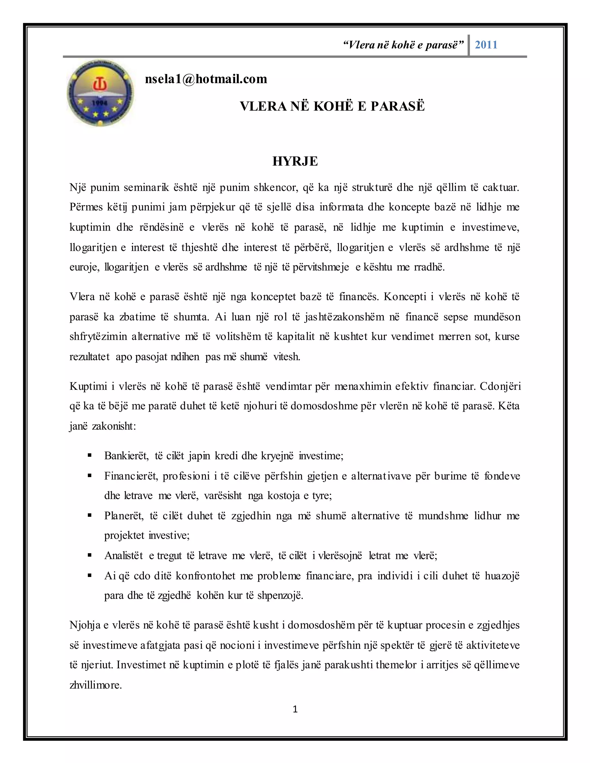 Vlera ne kohe e parase, nuhi sela | DOCX