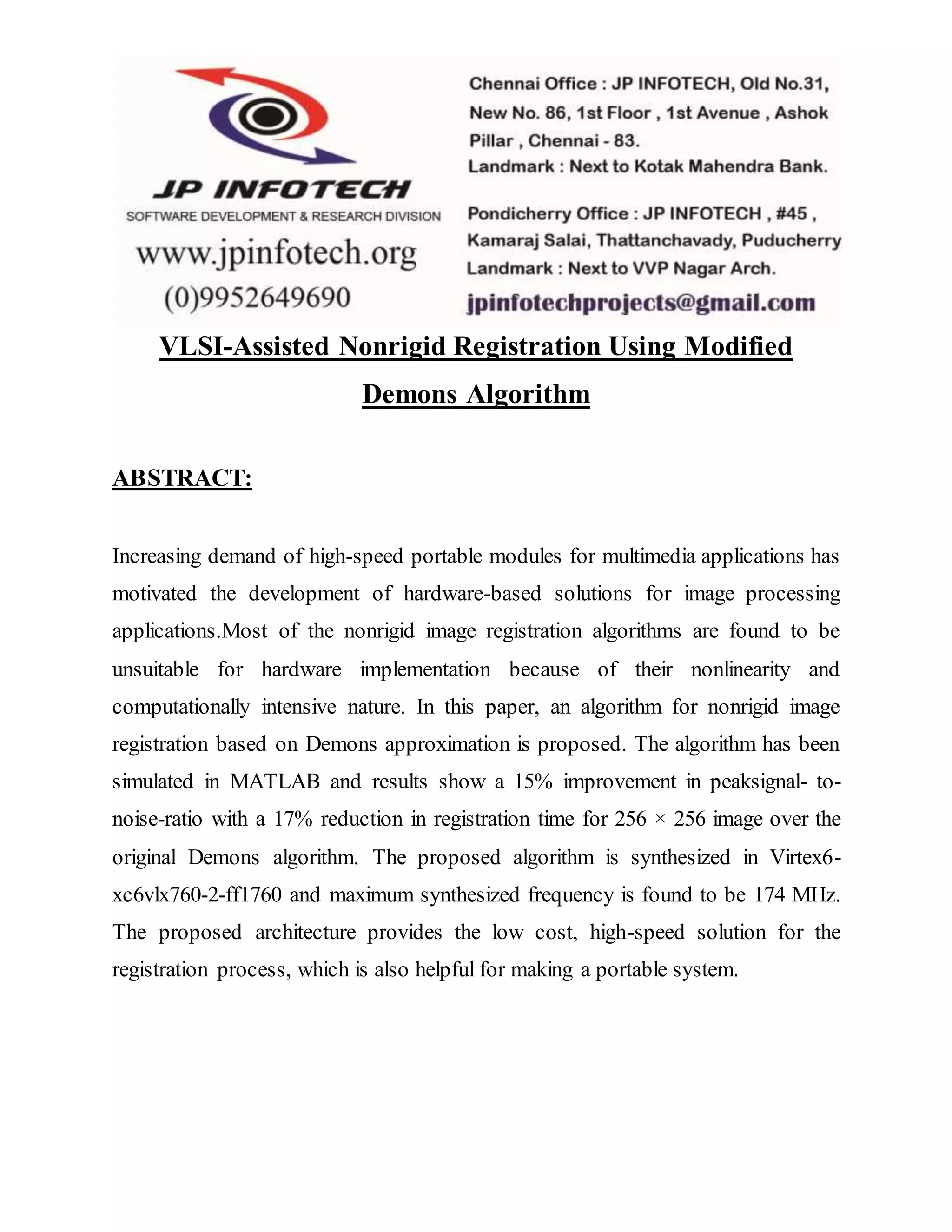 Vlsi assisted nonrigid registration using modified demons algorithm | PDF