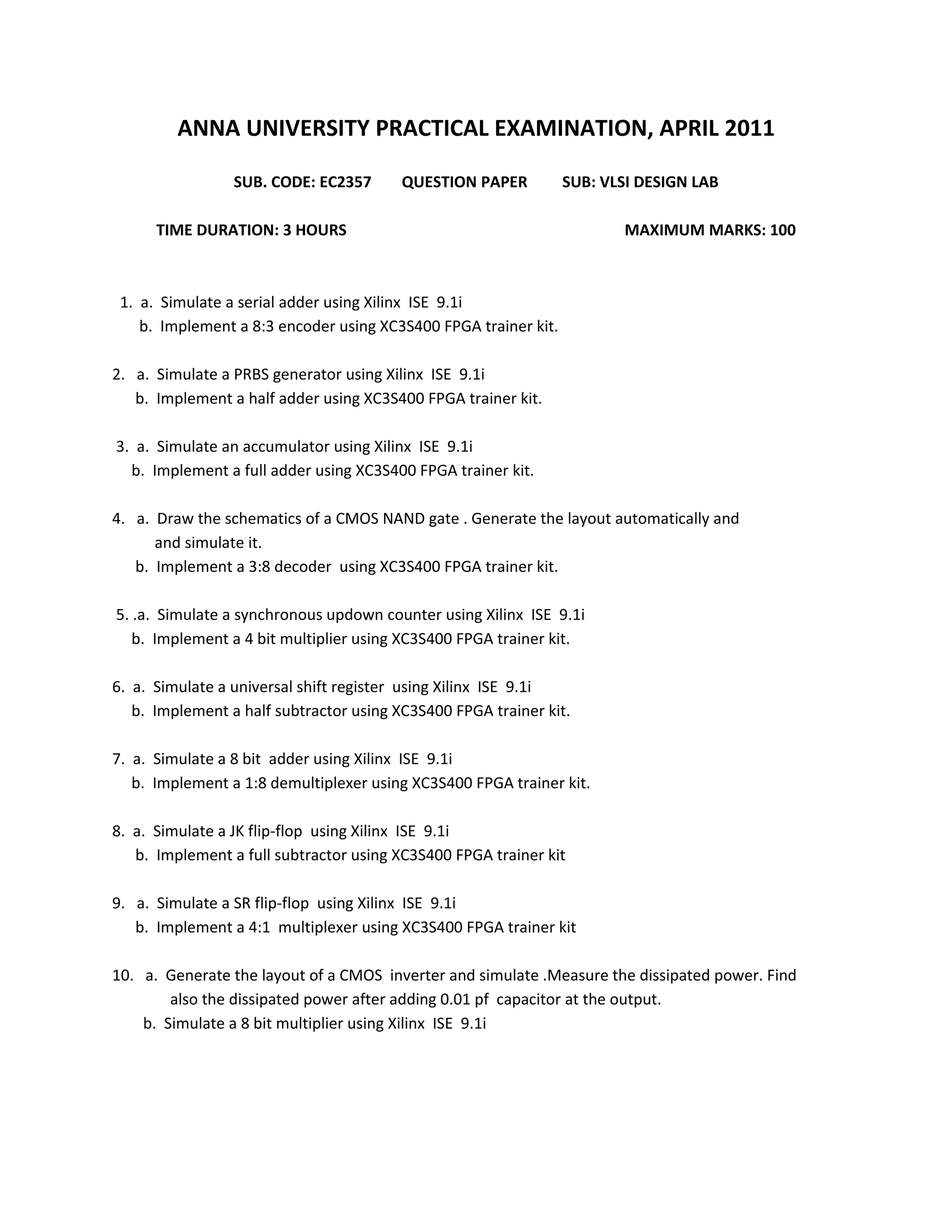 VLSI Anna University Practical Examination | DOC