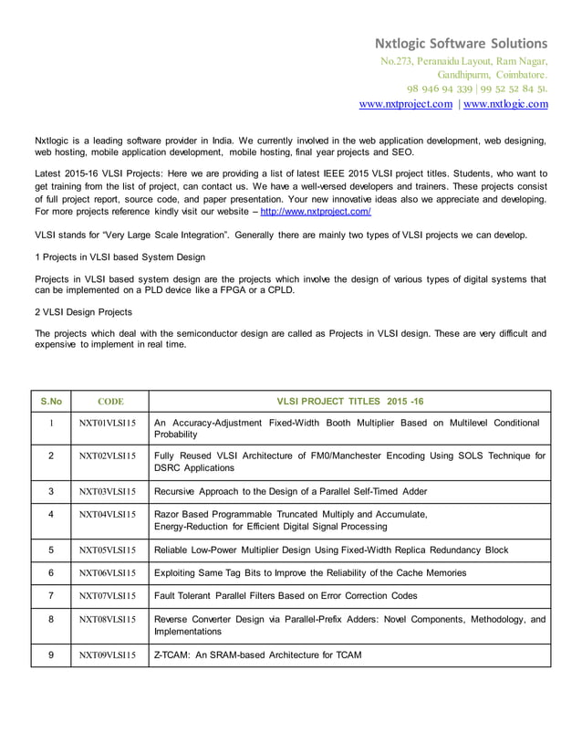 VLSI based final year project topics and ideas | DOCX
