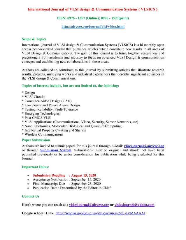 Call for papers - International Journal of VLSI design & Communication Systems( VLSICS ) | PDF