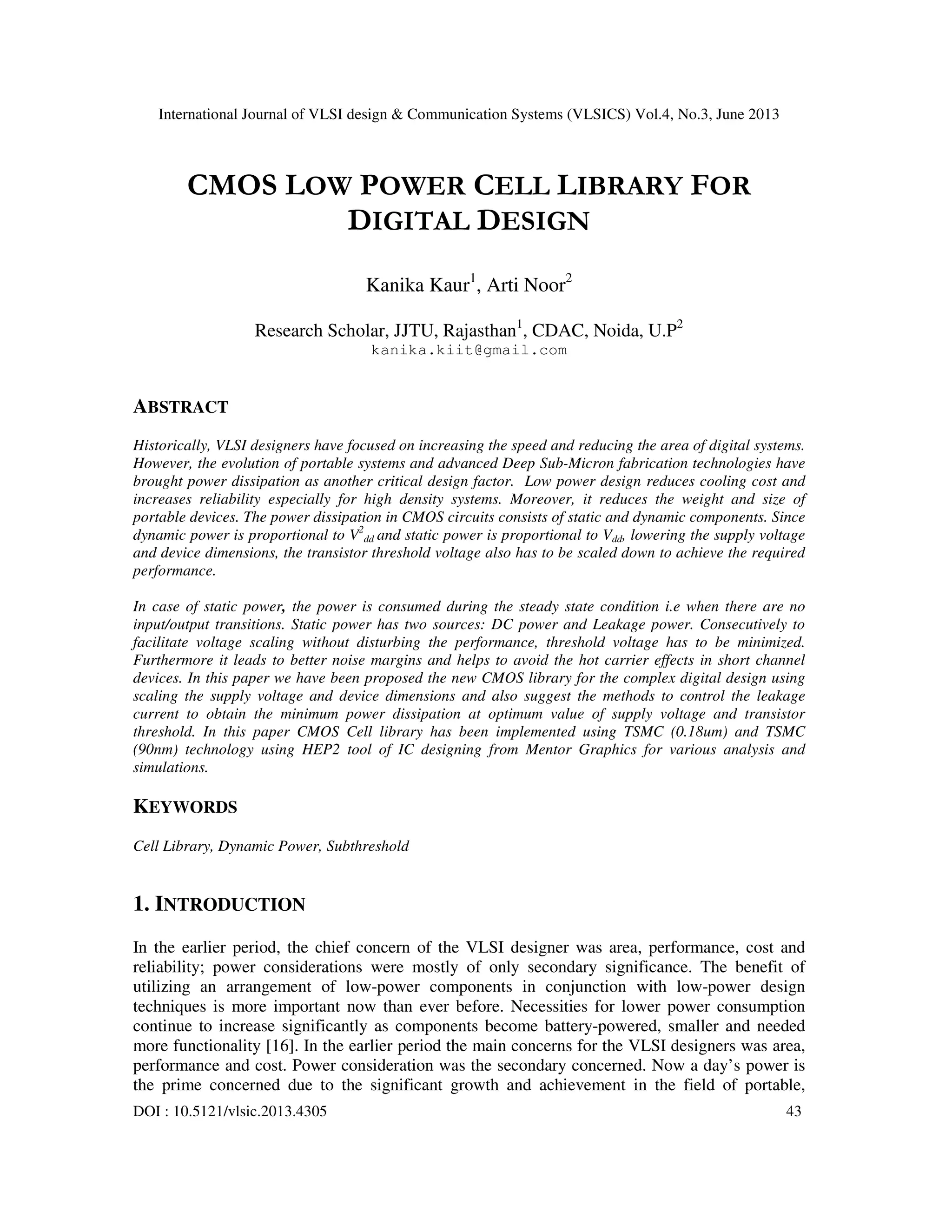 CMOS LOW POWER CELL LIBRARY FOR DIGITAL DESIGN | PDF
