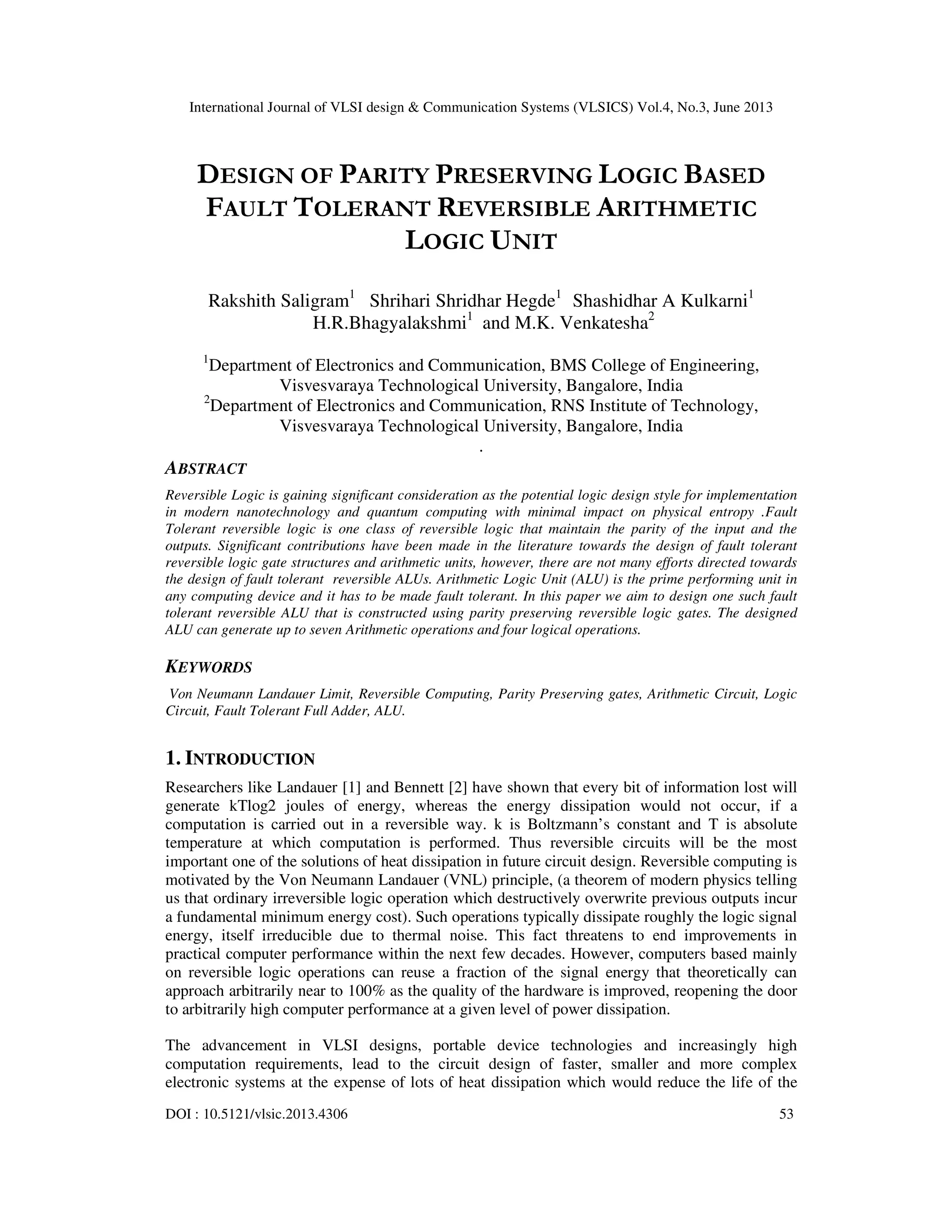 DESIGN OF PARITY PRESERVING LOGIC BASED FAULT TOLERANT REVERSIBLE ARITHMETIC LOGIC UNIT | PDF
