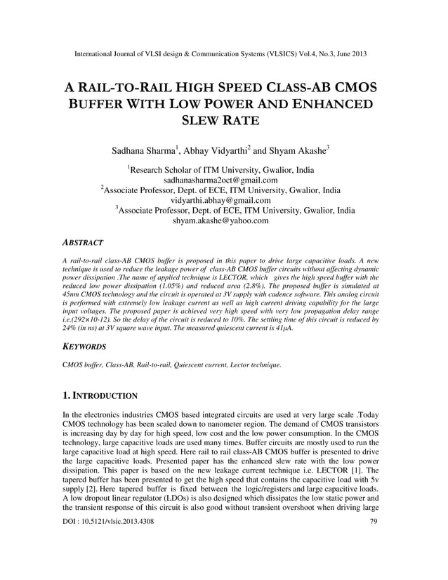A RAIL-TO-RAIL HIGH SPEED CLASS-AB CMOS BUFFER WITH LOW POWER AND ENHANCED SLEW RATE | PDF