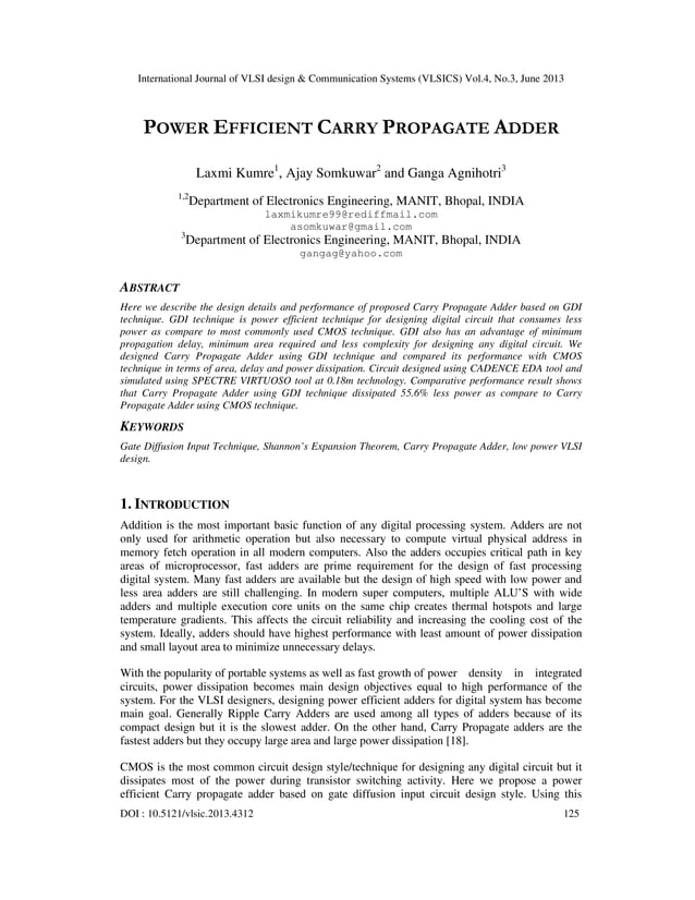 POWER EFFICIENT CARRY PROPAGATE ADDER | PDF