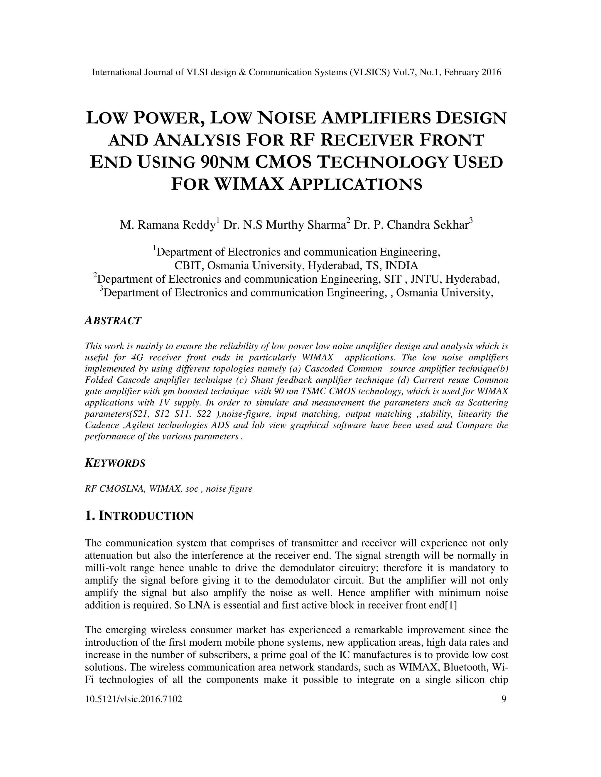 LOW POWER, LOW NOISE AMPLIFIERS DESIGN AND ANALYSIS FOR RF RECEIVER FRONT END USING 90NM CMOS ...