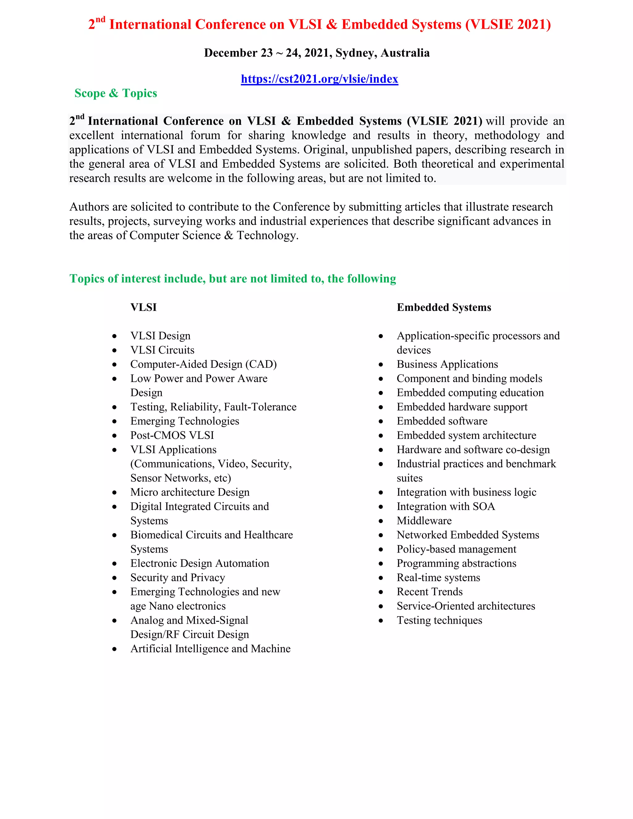 2 nd International Conference on VLSI & Embedded Systems (VLSIE 2021) | PDF