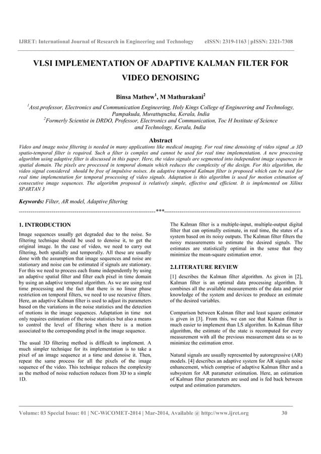 Vlsi Implementation Of Adaptive Kalman Filter For Pdf Video Software Computer Software And