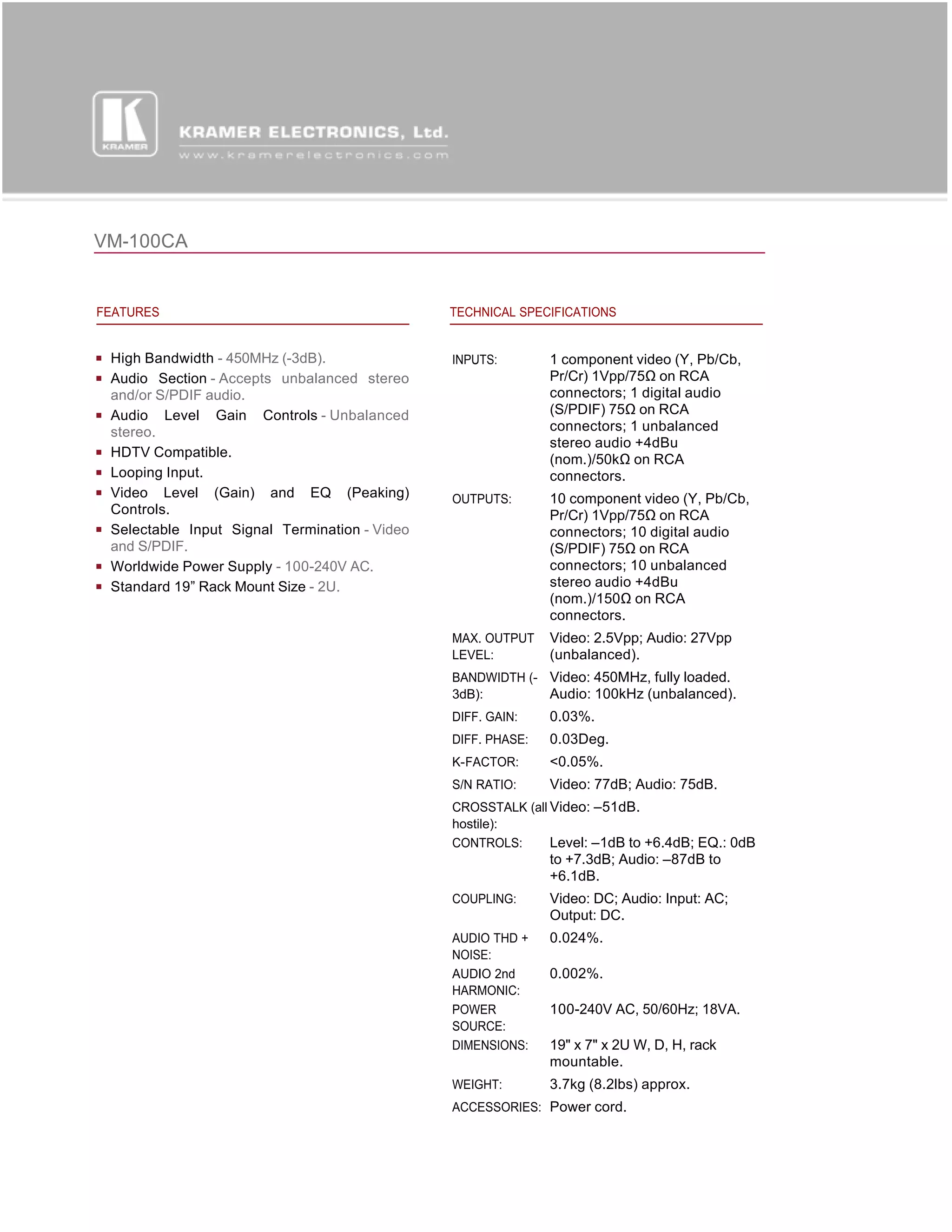 Kramer VM-100CA | PDF