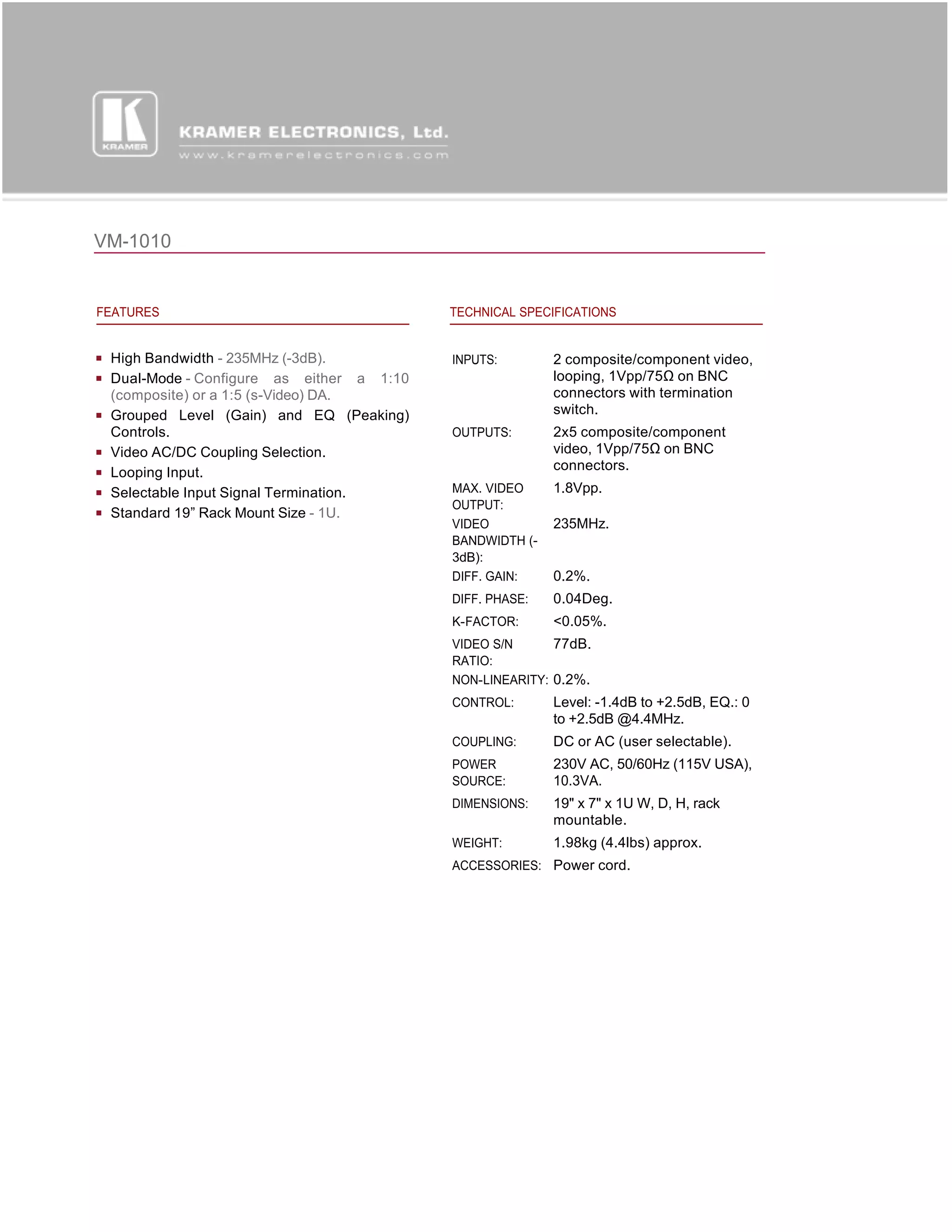 Kramer VM-1010 | PDF
