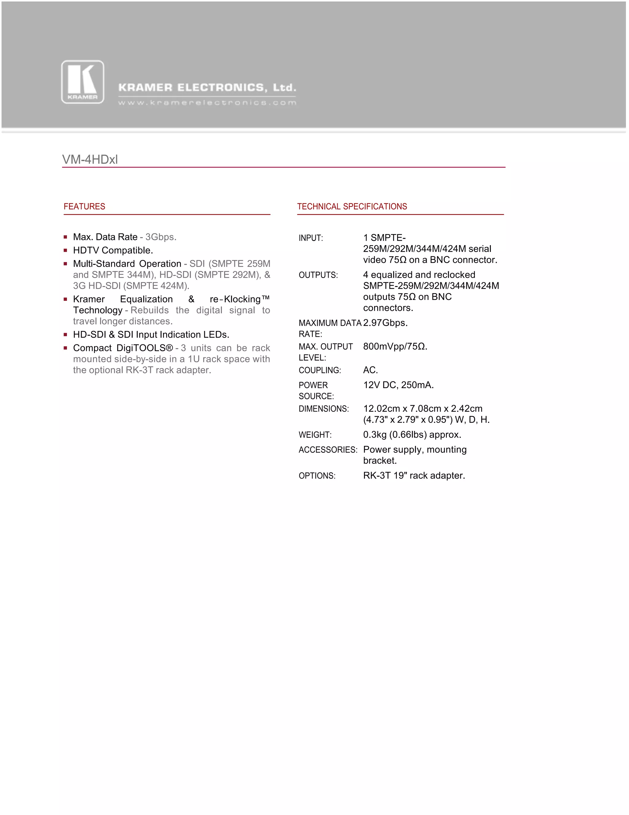 Kramer VM-4-HDXL | PDF