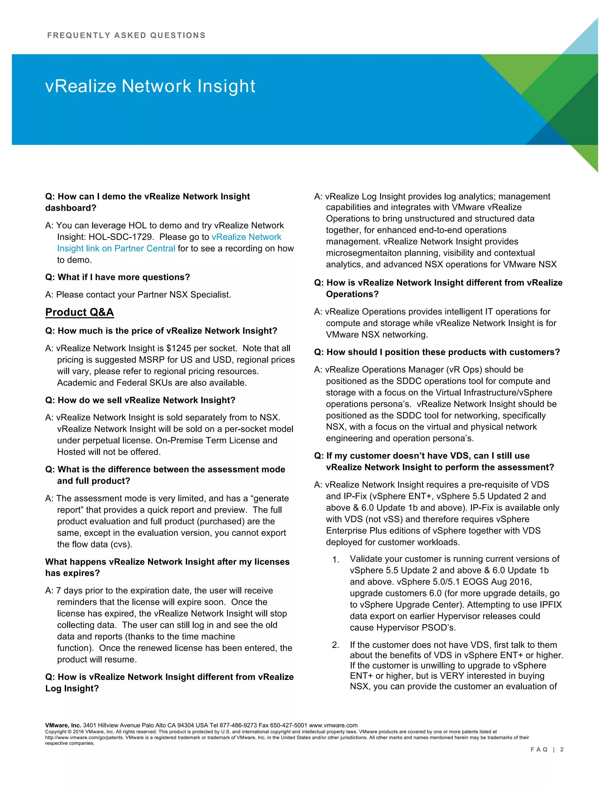 VMware vRealize Network Insight Frequently Asked Questions FAQ | PDF